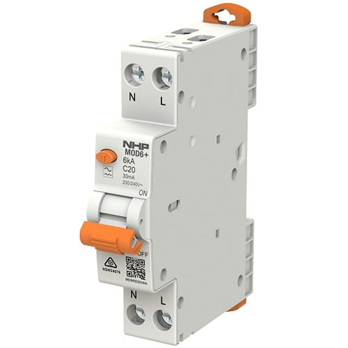NHP MOD6+ RCBO 6kA 1 Pole and Switched N C Curve 30mA Type A - 10A/ 16 – PCA Electrical Supplies