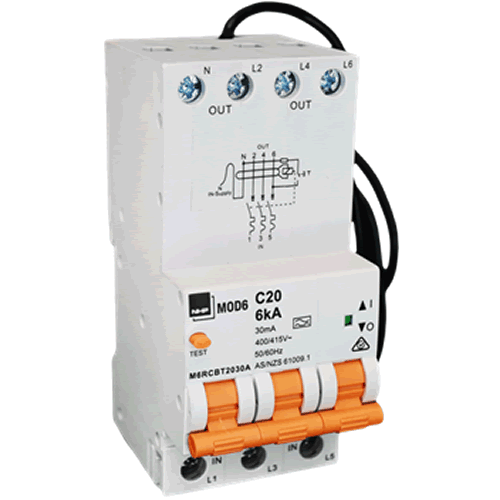 NHP MOD6 RCBO 3P+N 6kA 16A C Curve 30mA Type A (Busbar Type with Neutr ...