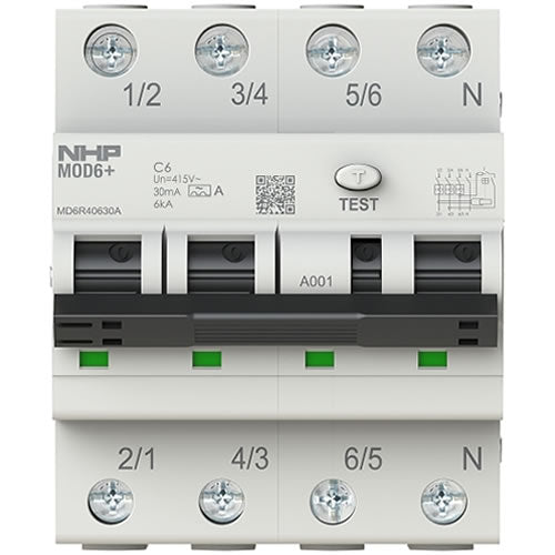 NHP MOD6+ RCBO 6kA 3 Pole and Switched N C Curve 30mA Type A - 10A/ 16 ...