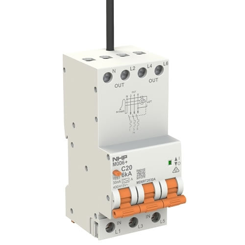 NHP MOD6+ RCBO 6kA 3 Pole and N C Curve 30mA Type A - 10A/ 16A/ 20A/ 2 ...