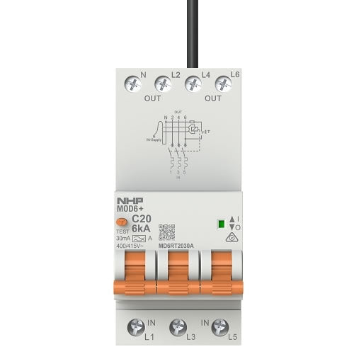 NHP MOD6+ RCBO 6kA 3 Pole and N C Curve 30mA Type A - 10A/ 16A/ 20A/ 2 ...