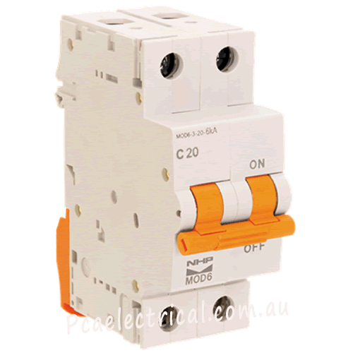NHP MOD6 MCB 2P 20A 6kA 240V C-Curve - MOD6220 – PCA Electrical Supplies